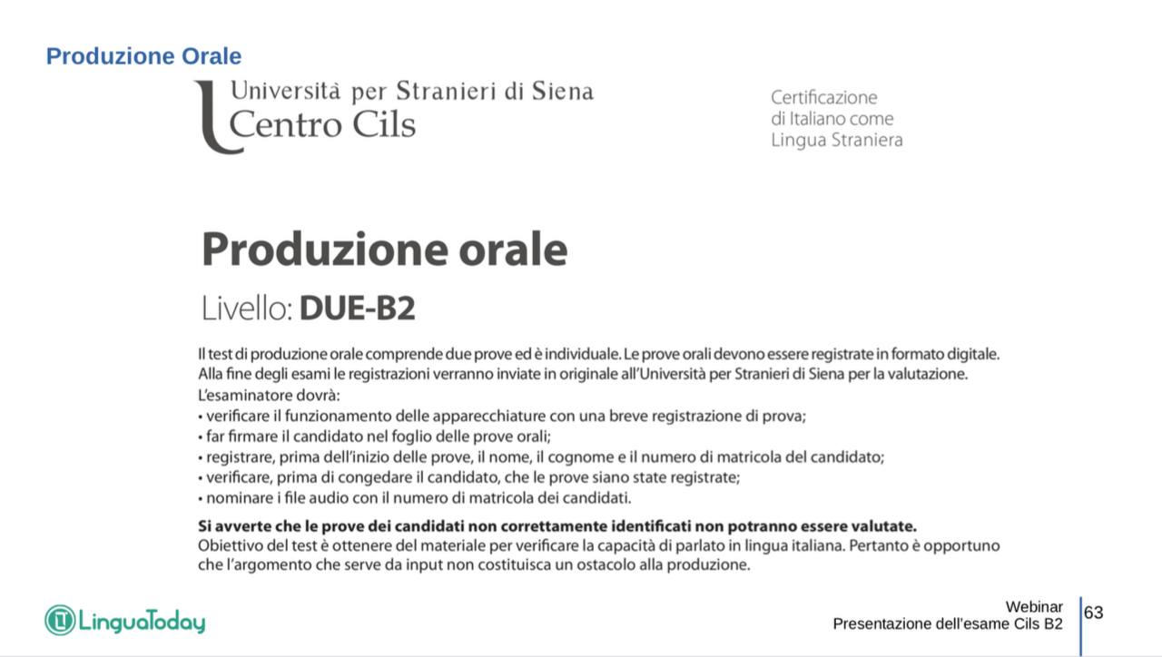 مهارت اوراله آزمون چیلز بی2 زبان ایتالیایی Produzione Orale Cils B2